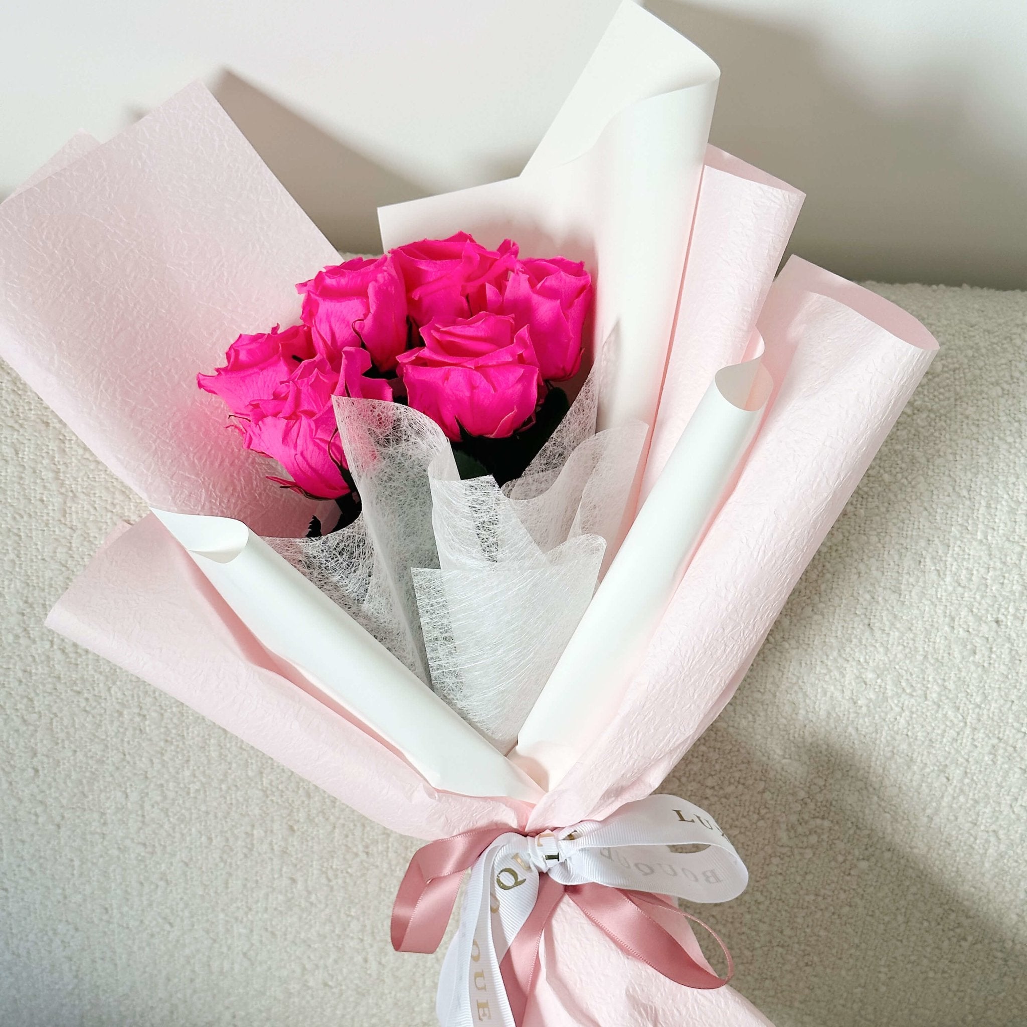 6 Long Stemmed Everlasting Rose Bouquet - Fuchsia Pink